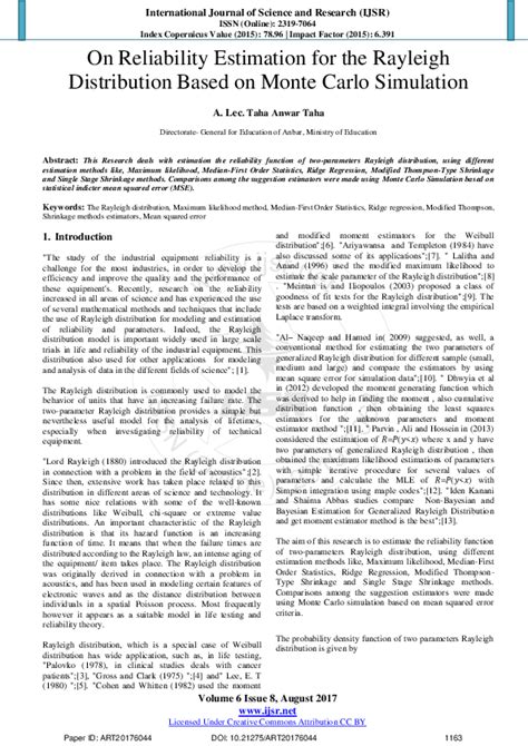 pdf on reliability estimation for the rayleigh distribution based on monte carlo simulation