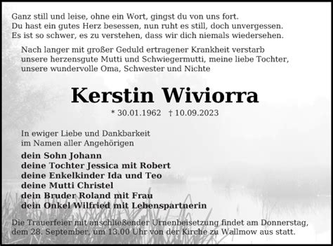 Traueranzeigen Von Kerstin Wiviorra Trauer Nordkurier