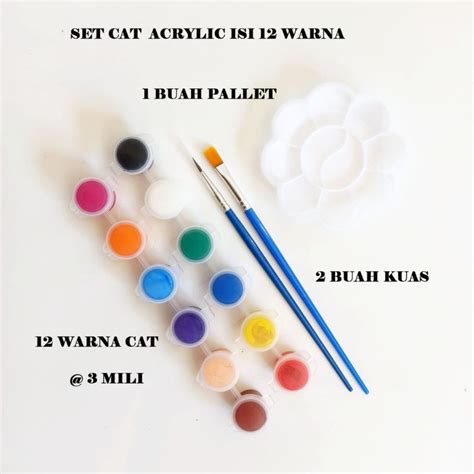 Jual Cat Acrylic Pot 3ml 12 Warna 2 Kuas 1 Palet Set Kuas Lukis Flat
