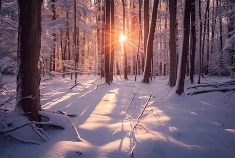 Premium AI Image Shining Sun Through Snow Covered Forest In The Style