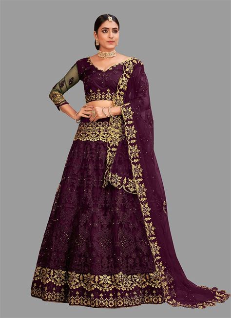 Shop Dark Wine Net Embroidered N Stones Umbrella Lehenga Party Wear