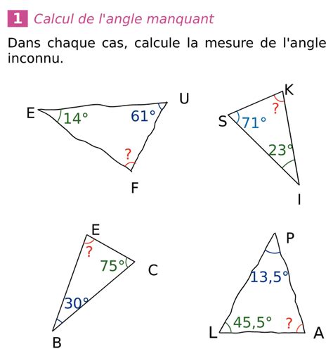 Triangles Somme Des Angles Exercice N1 Calcul De L Angle Manquant