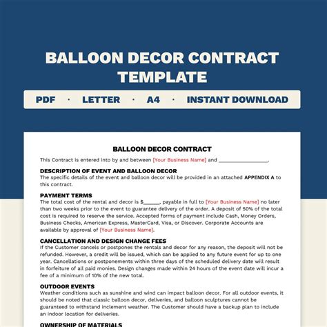Simple Balloon Decor Contract Template Fully Customizable 2 Page MS