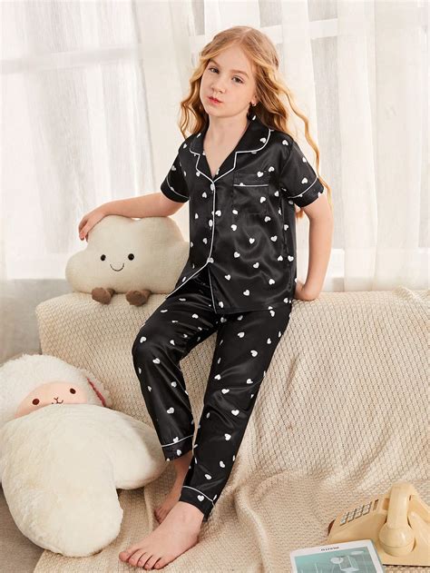 Chicas Conjunto de pijama con estampado de corazón ribete en contraste