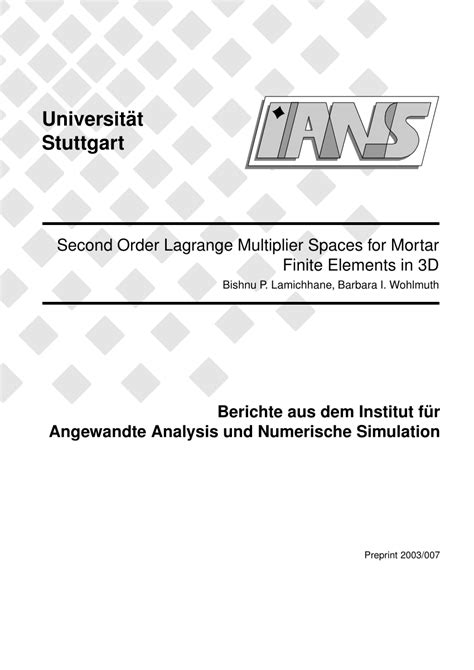 pdf second order lagrange multiplier spaces for mortar finite elements in 3d