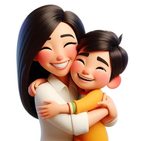 Dibujos animados en 3D Madre e hijo abrazándose el uno al otro en el