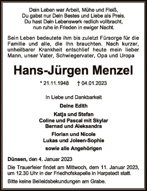 Traueranzeigen von Hans Jürgen Menzel trauer kreiszeitung de
