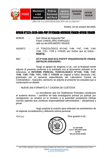 Oficio 323 2020 Remite I P Toxicologico CASO S3 Miranda PERÚ