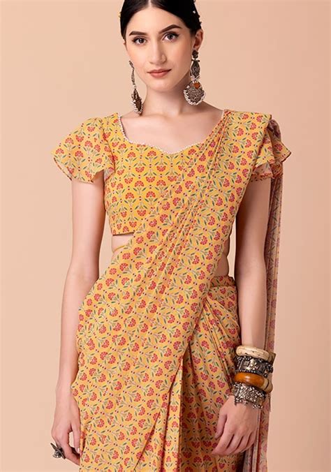Buy Women Yellow Floral Tiered Pre Stitched Saree Without Blouse