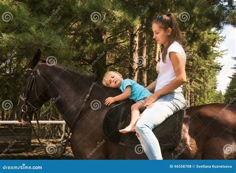 Jong Geitje Met Mumaandrijving Op Paardbovenkant Stock Foto Image Of Stil Omhelst 46558708