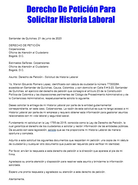 Derecho De Peticion Para Solicitar Historia Laboral TramitaloYa Co