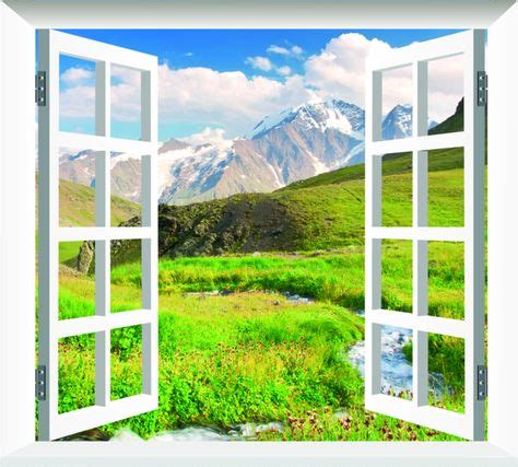 Fotomural decorativo ventana con vistas a un paisaje de montañas