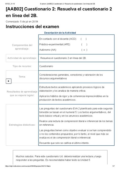 Examen AAB02 Cuestionario 2 Resuelva el cuestionario 2 en línea del
