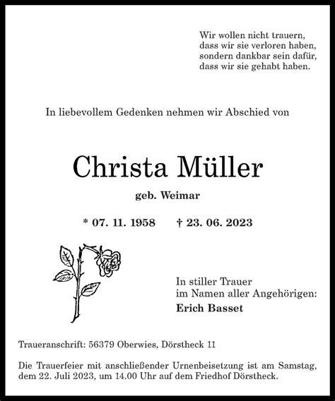 Traueranzeigen von Christa Müller rz trauer de