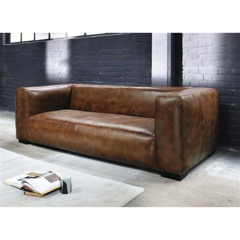 Canapé 3 4 places en cuir marron John Maisons du Monde