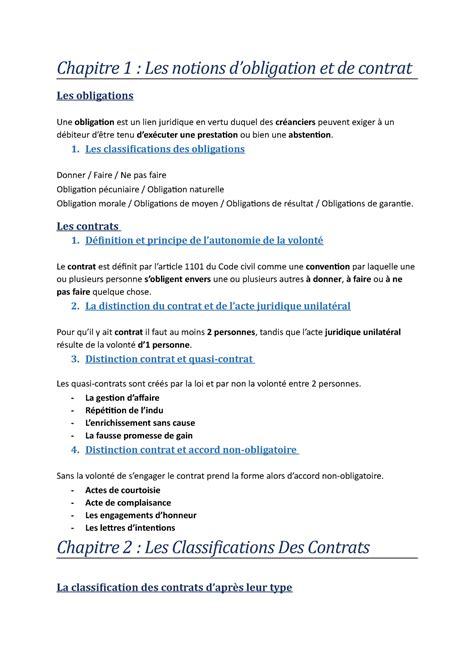 Révision droit des contrats Chapitre 1 Les notions et de contrat