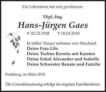 Traueranzeigen von Hans Jürgen Gaes Trauer Nordkurier