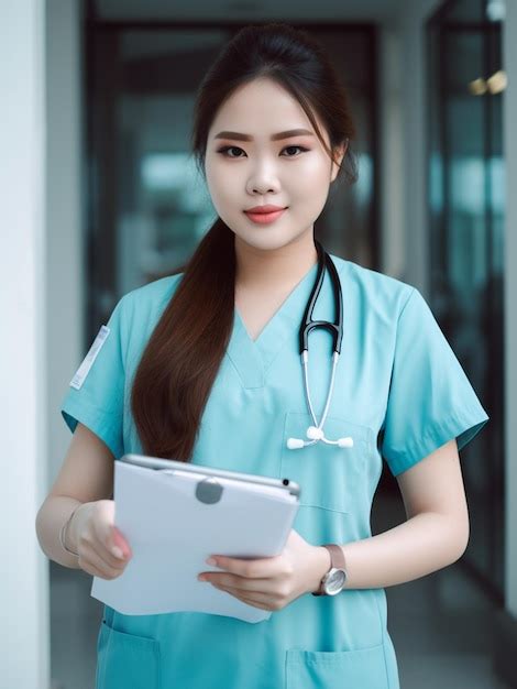 Premium Ai Image A Woman In A Blue Scrubs Holds A Tablet In Her Hand