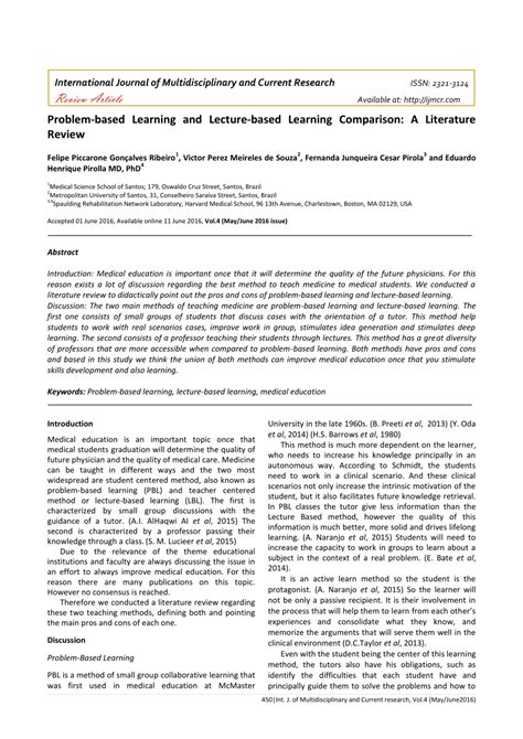 pdf problem based learning and lecture based learning comparison literature review