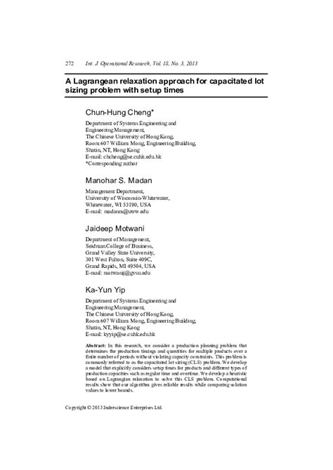 pdf a lagrangean relaxation approach for capacitated lot sizing problem with setup times