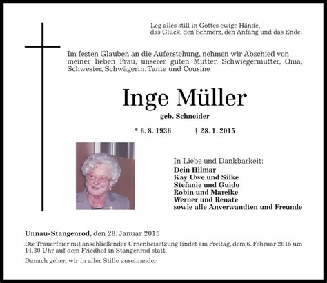 Traueranzeigen von Inge Müller rz trauer de