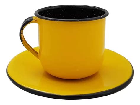 Caneca Esmaltada Xícara Pires Para Chá Café 180ml Rosa