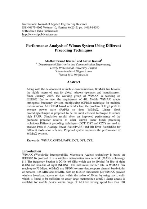 pdf performance analysis of wimax system using different precoding techniques