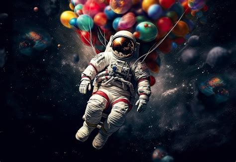 Astronauta Flotando En El Espacio Con Globos Foto Premium