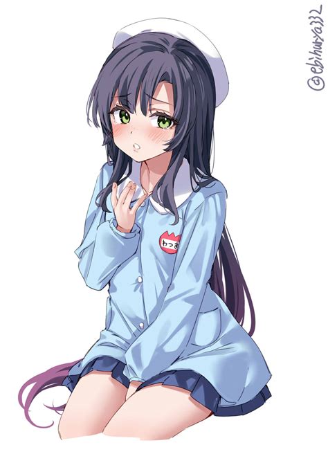 Safebooru 1girl Between Legs Black Hair Blue Shirt Blue Skirt Blush Collared Shirt Commentary