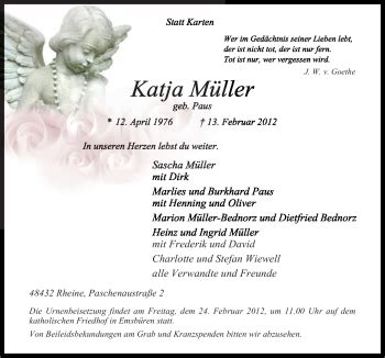Traueranzeigen von Katja Müller noz Trauerportal