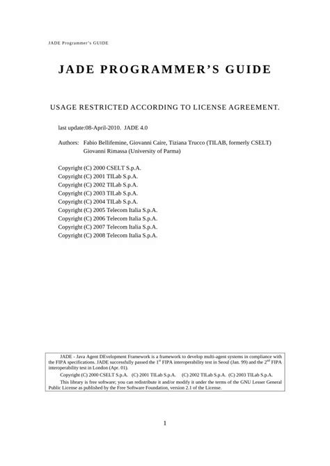 pdf jade programmer s guide · jade java agent development framework is a software