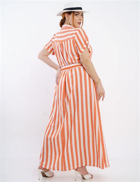 Vestido Longo Chemise Crepe Listrado Laranja Dona Charme
