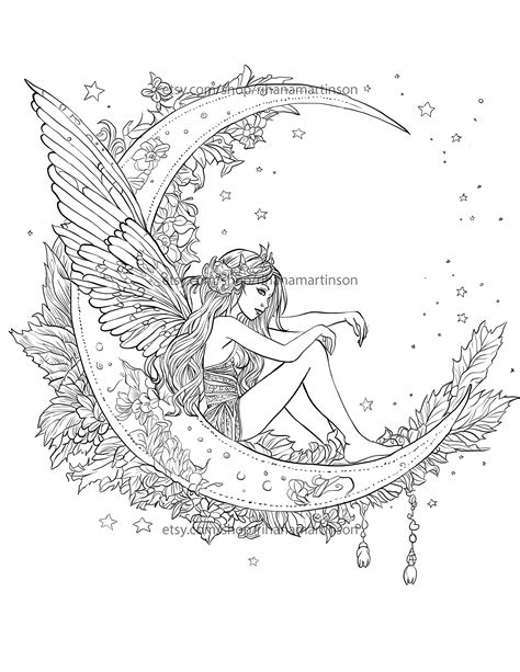 Fantasy Fairy Printable Adult Coloring Book Page Ornate Crescent Moon