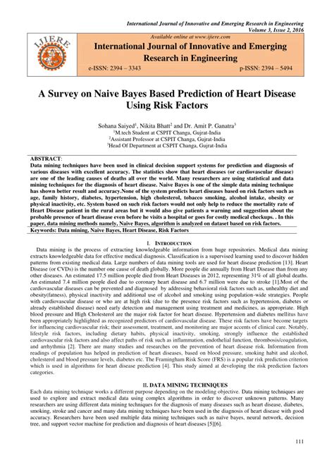 pdf a survey on naive bayes based prediction of heart disease using risk factors