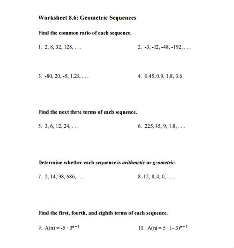Geometric Sequences Worksheets