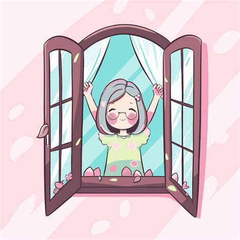 Cartoon mädchen schaut aus dem fenster Premium Vektor