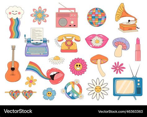 Retro 60s 70s Hippie Psychedelic Groovy Set Vector Image