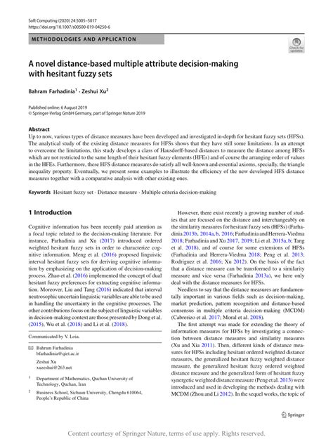 a novel distance based multiple attribute decision making with hesitant fuzzy sets request pdf