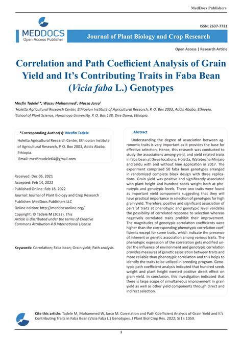 pdf correlation and path coefficient analysis of grain yield and it s contributing traits in