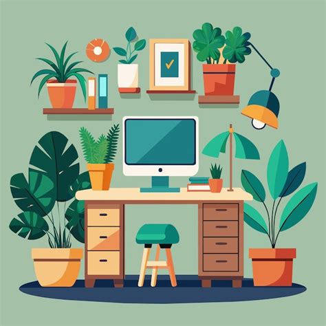 Premium Vector A Home Office Desk Featuring A Desktop Computer And