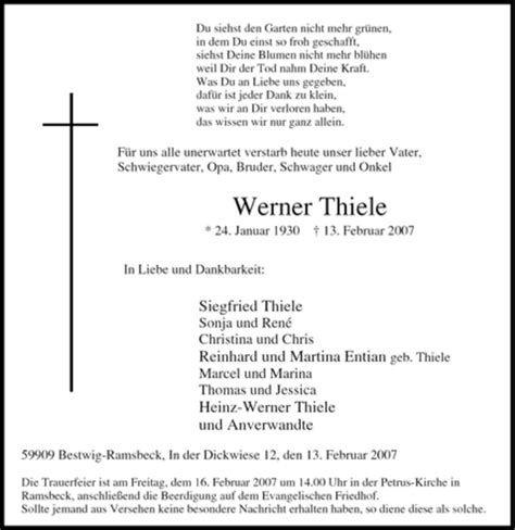 Traueranzeigen Von Werner Thiele Trauer In NRW De