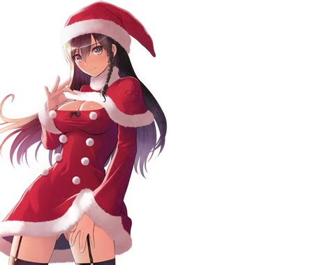 Breasts Brown Hair Christmas Cleavage Dress Hat Long Hair Original Santa Costume Santa Hat Skirt
