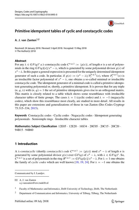 pdf primitive idempotent tables of cyclic and constacyclic codes