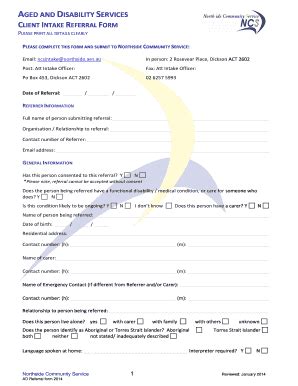 Fillable Online Northside Asn Aged And Disability Services Client