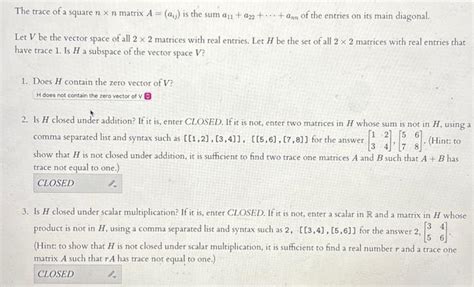 solved the trace of a square n×n matrix a aij is the sum