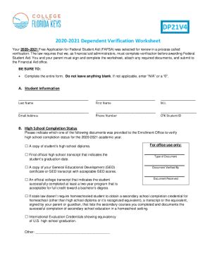 Fillable Online Dependent Verification Worksheet 4 Fax Email Print