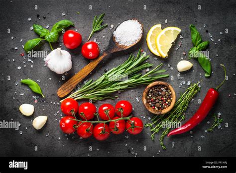 Food Cooking Background On Black Top View Stock Photo Alamy