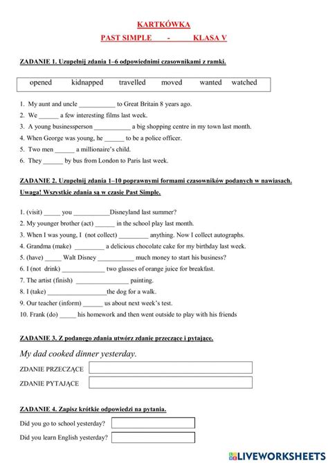 Past Simple Kartk Wka Worksheet Simple Past Tense English As A