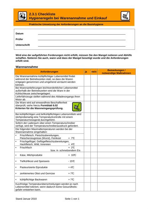 Pdf Checkliste Hygieneregeln Bei Warenannahme