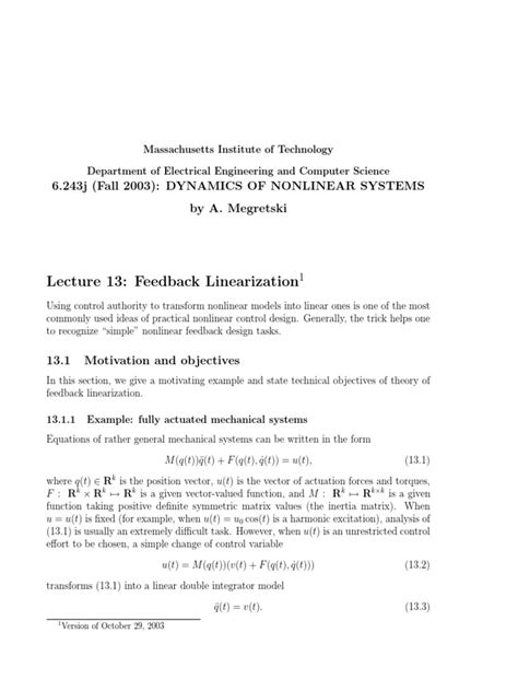 lecture 13 feedback linearization 6 243j fall 2003 dynamics of nonlinear systems by a